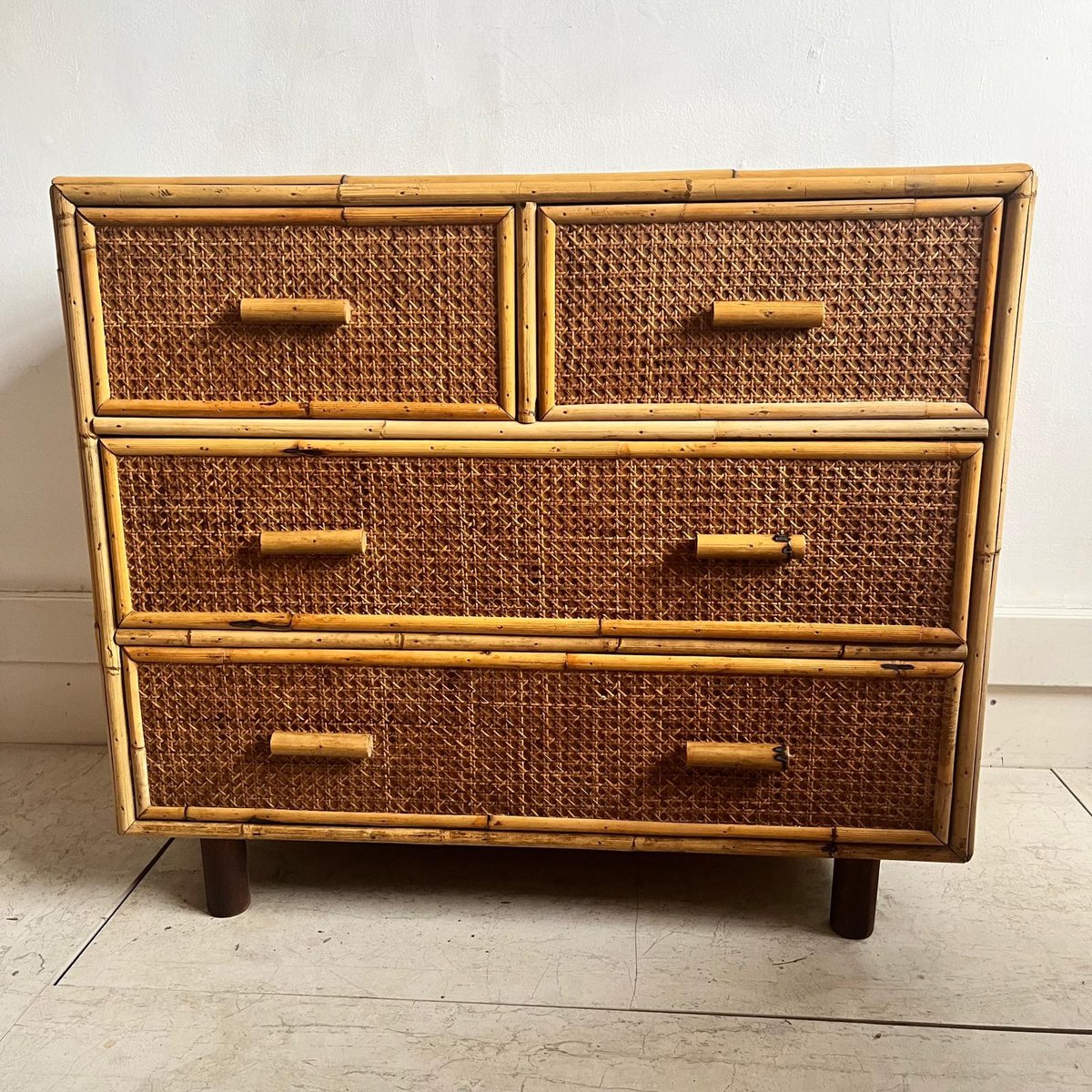 Mid-Century Bamboo and Rattan Cane Chest of Drawers for sale at Pamono