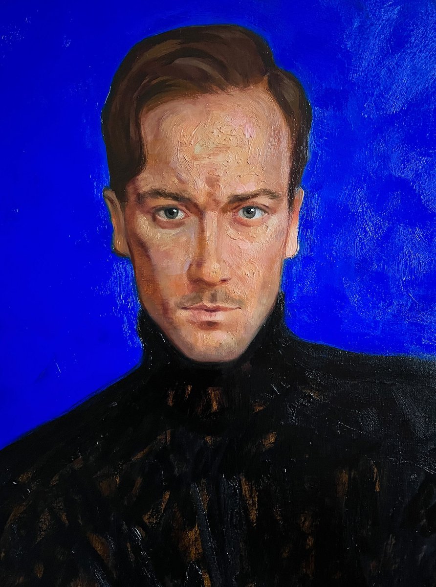 Male Portrait with Hands on Ultramarine Blue Background, Oil Painting ...