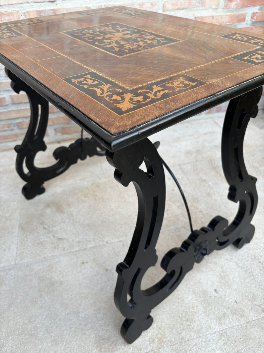 Spanish Baroque Side Table with Lyre Legs and Marquetry Top, 1850 for ...
