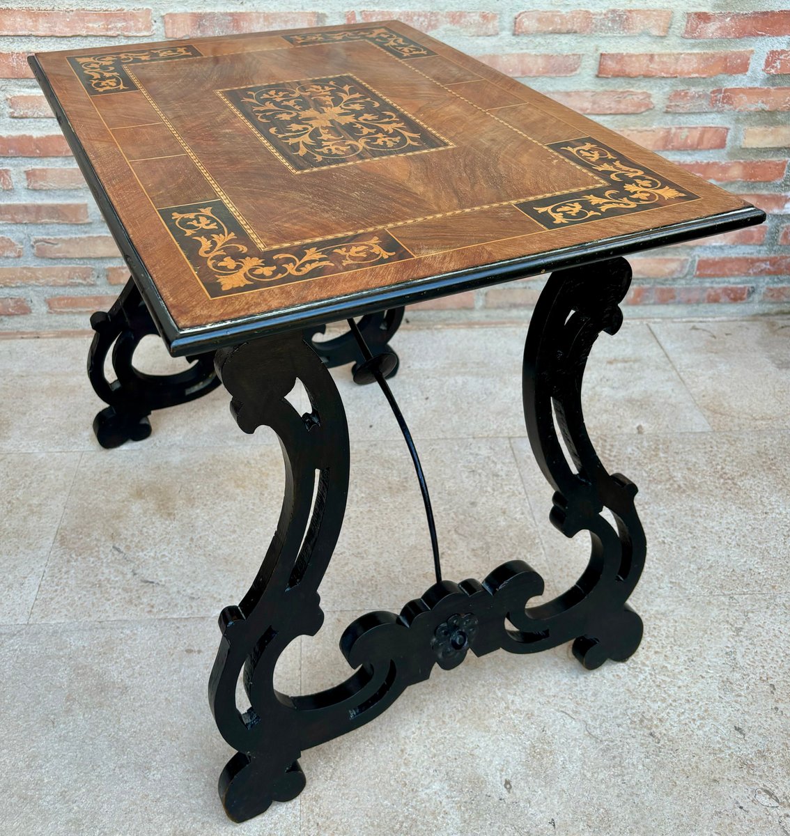 Spanish Baroque Side Table with Lyre Legs and Marquetry Top, 1850 for ...