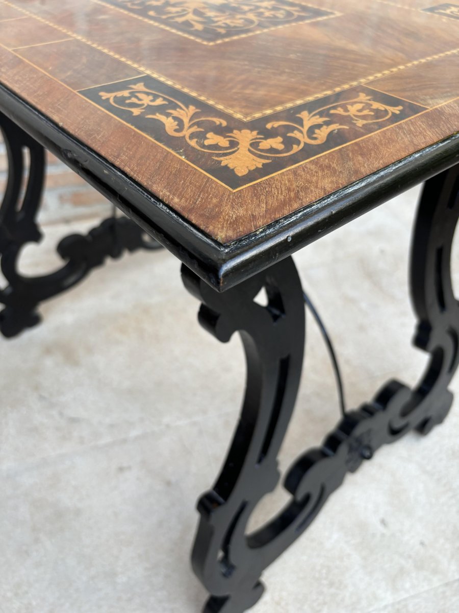 Spanish Baroque Side Table with Lyre Legs and Marquetry Top, 1850 for ...