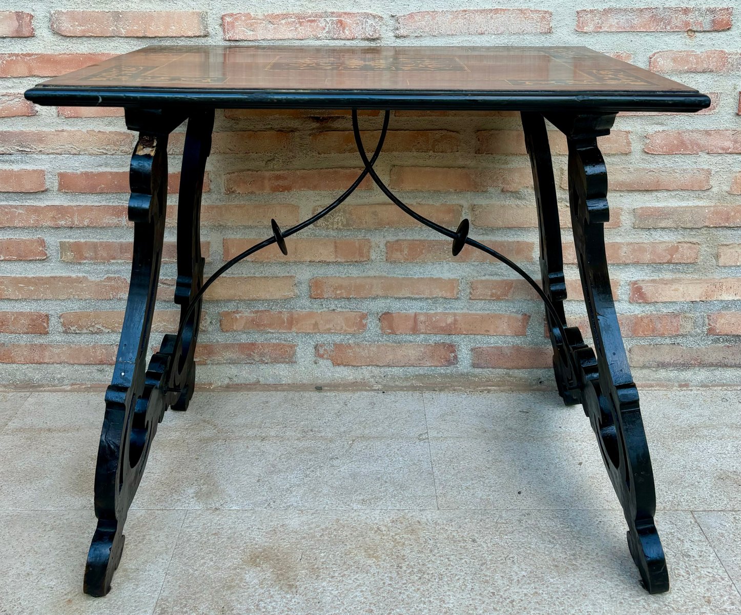 Spanish Baroque Side Table with Lyre Legs and Marquetry Top, 1850 for ...