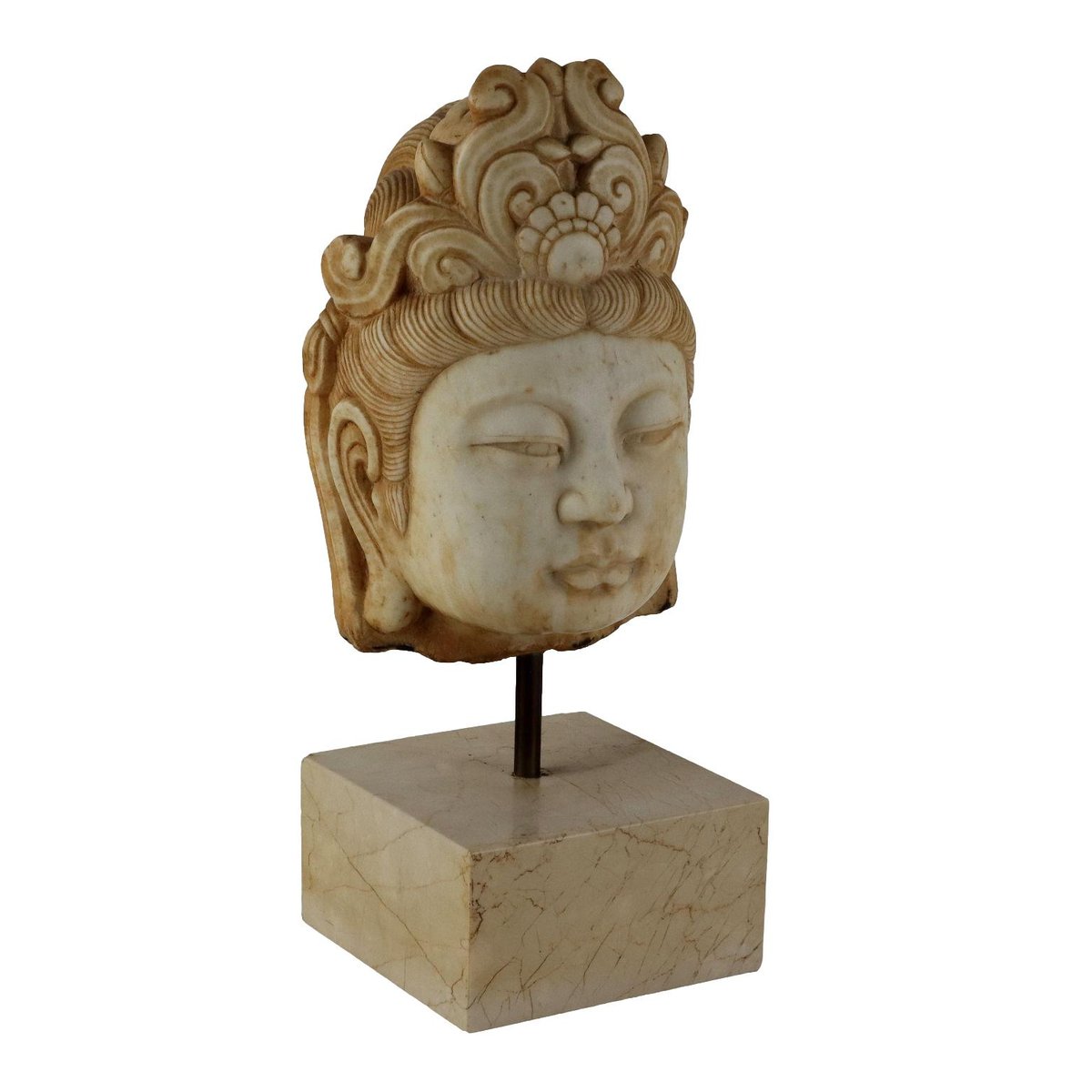 Antique Sculptur Guanyins Head on Travertine Base for sale at Pamono