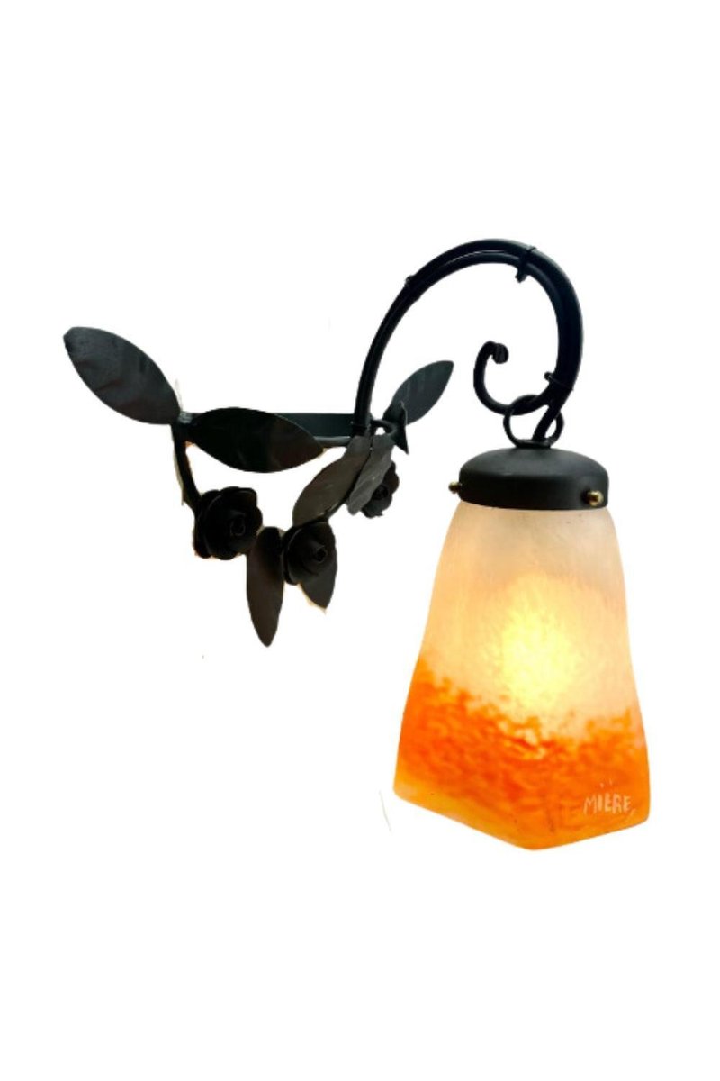 Art Nouveau Lemiere Wall Mount Wrought Iron with Glass Paste Shades ...