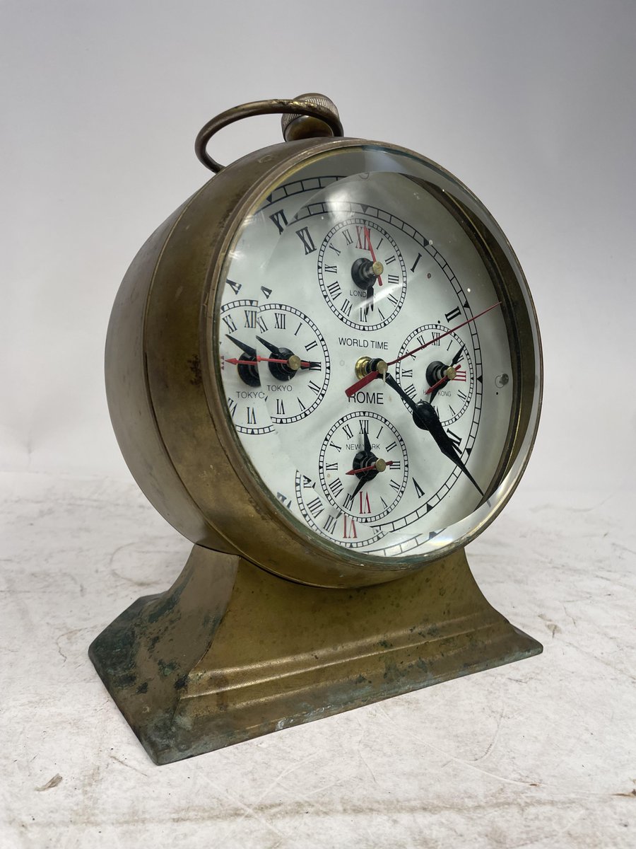World Time Clock with Five Time Zones in Brass for sale at Pamono
