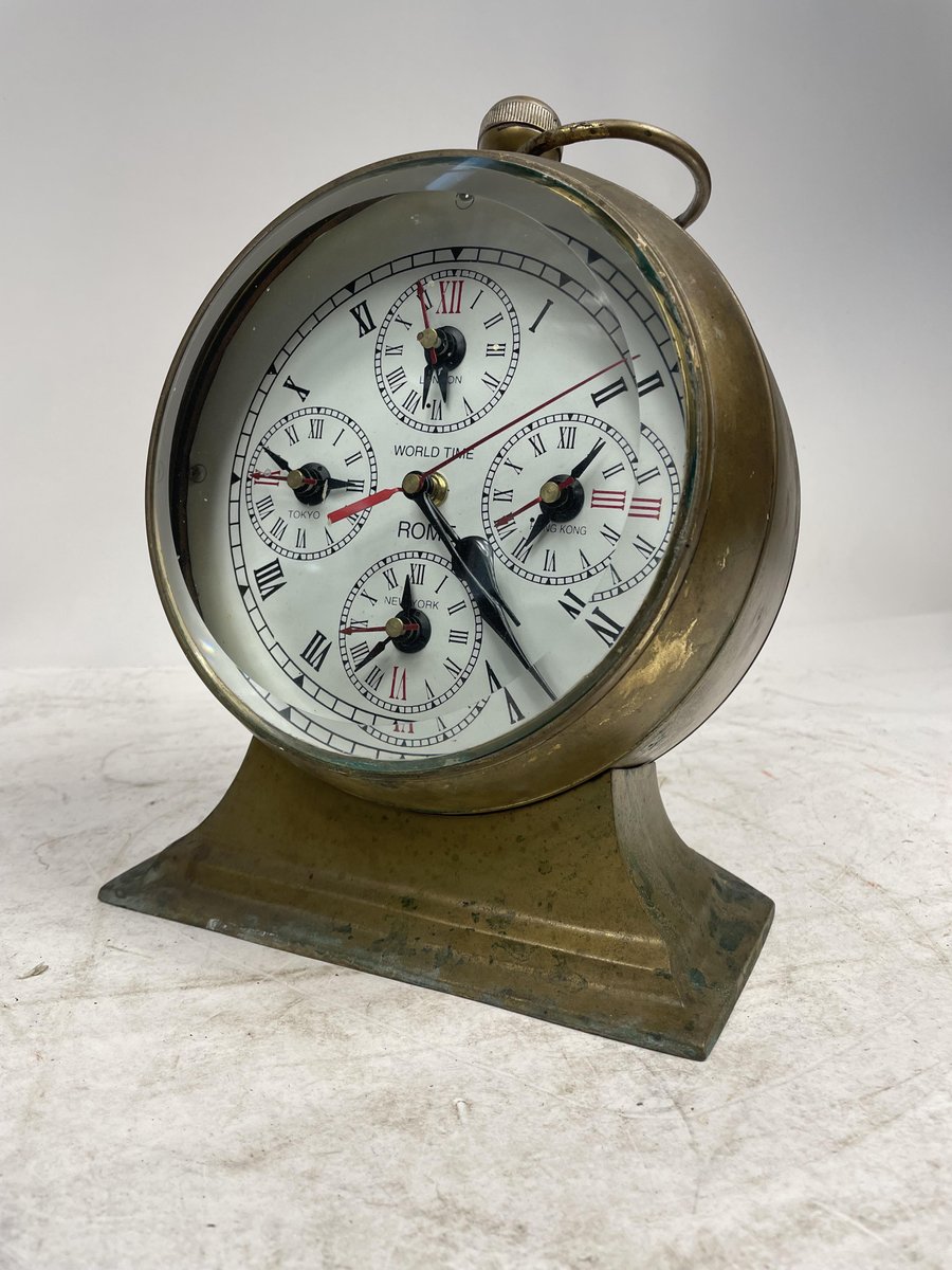 World Time Clock with Five Time Zones in Brass for sale at Pamono