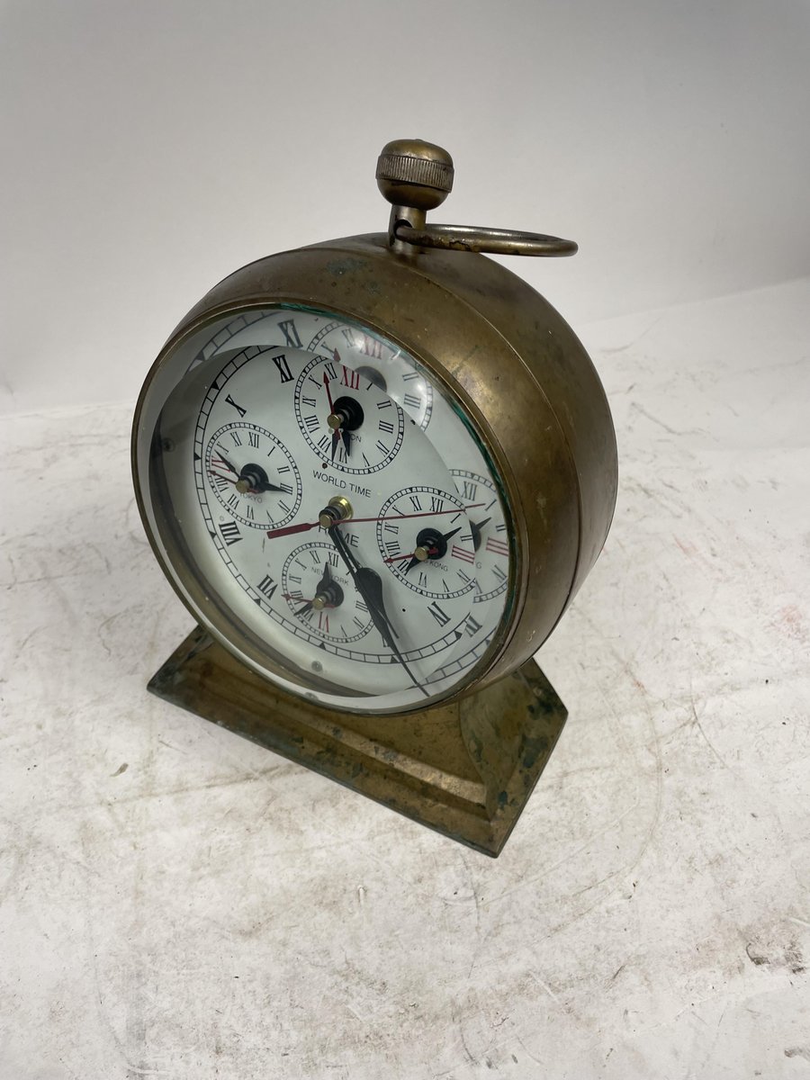 World Time Clock with Five Time Zones in Brass for sale at Pamono