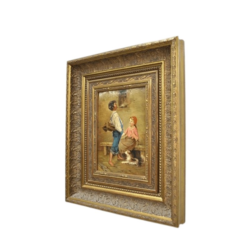 Lambert, Boy Smoking a Cigar and Girl on a Bench, 19th Century, Oil on ...