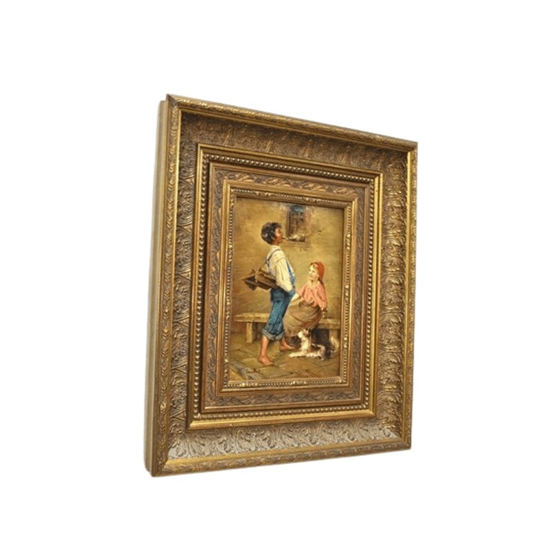 Lambert, Boy Smoking a Cigar and Girl on a Bench, 19th Century, Oil on ...