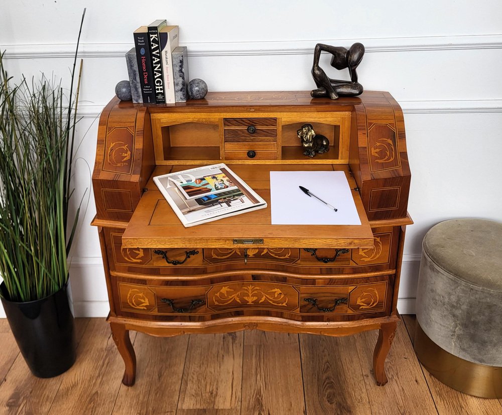 French Marquetry Inlay Walnut Burl Secretary Slant Front Desk Writing ...