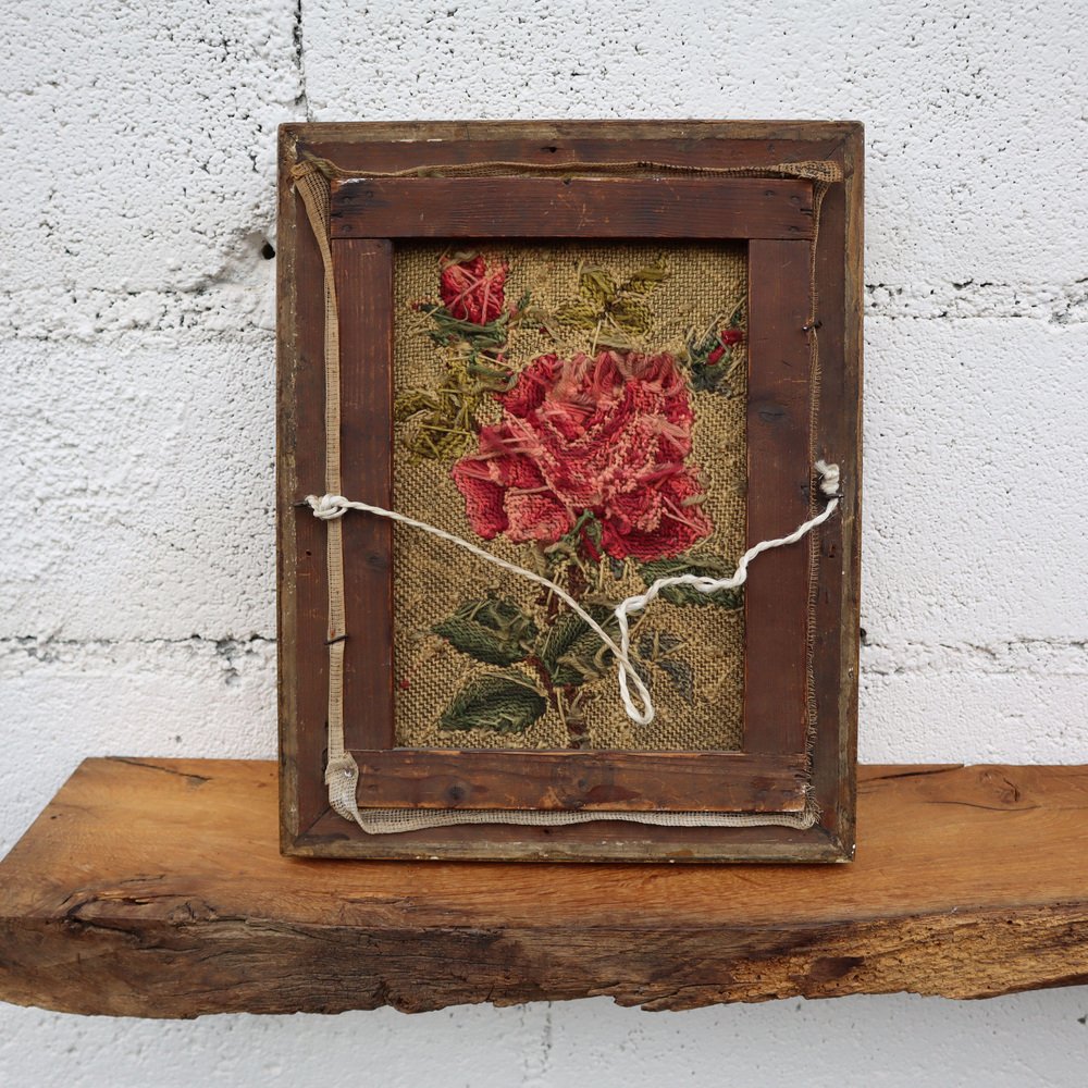 Vintage Embroidered Picture Rose in Golden Frame for sale at Pamono