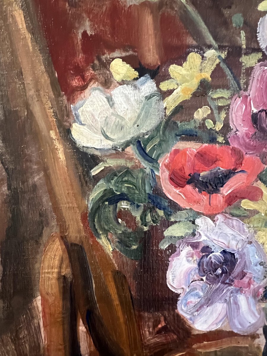 Charles Beer, Bouquet of Flowers in Vase on an Armchair, 1920s, Oil on ...