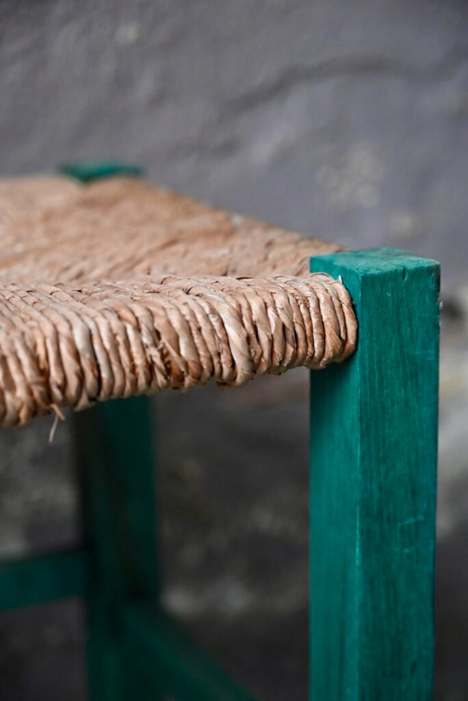 Bohemian Wood and Straw Stool, 1960s for sale at Pamono
