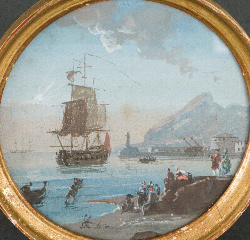 After Quentin de La Tour, Miniature Galleon and Port Scene, 1700s ...