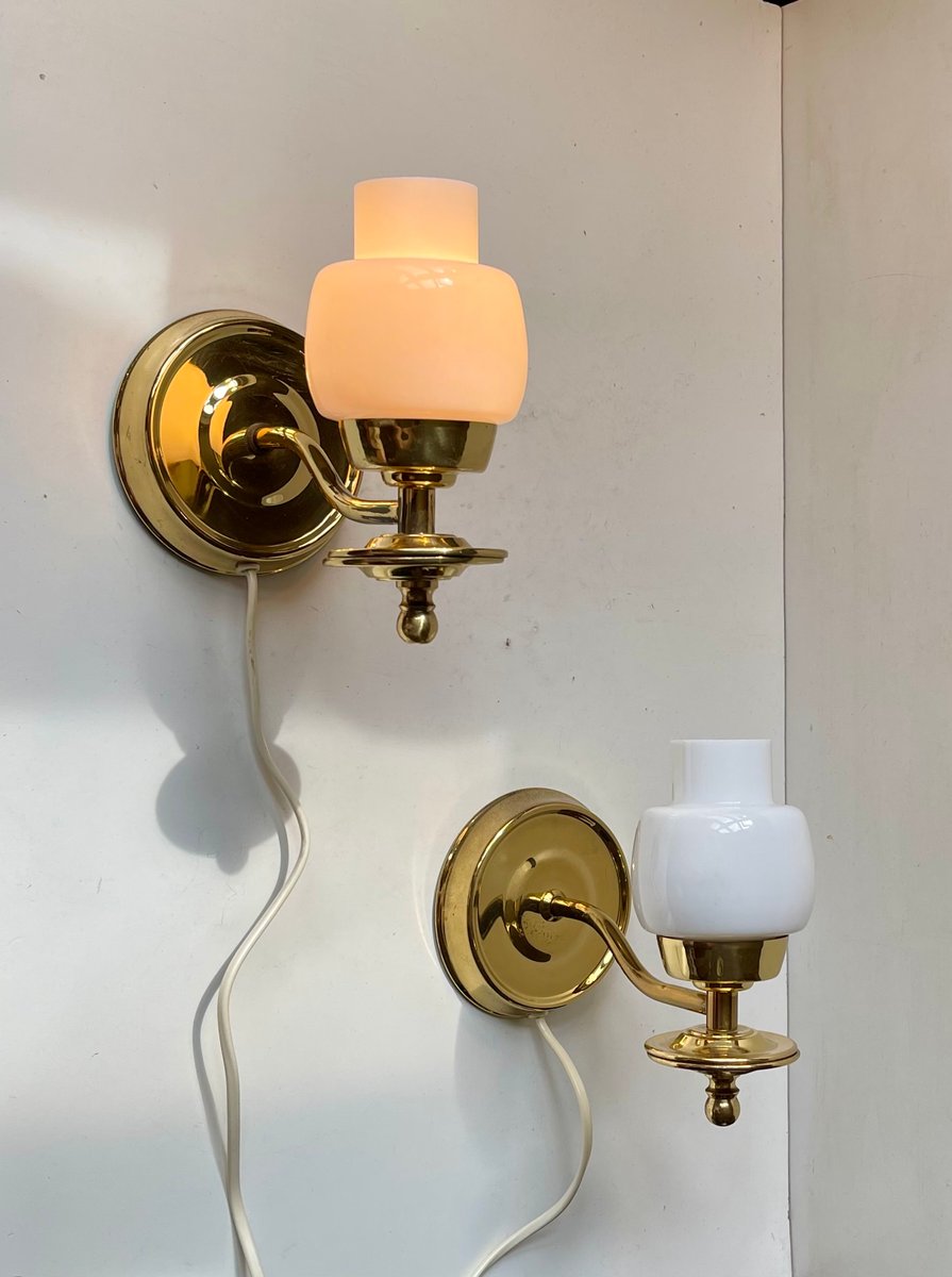 Danish Modern Wall Sconces in White Glass and Brass from Abo, 1970s ...