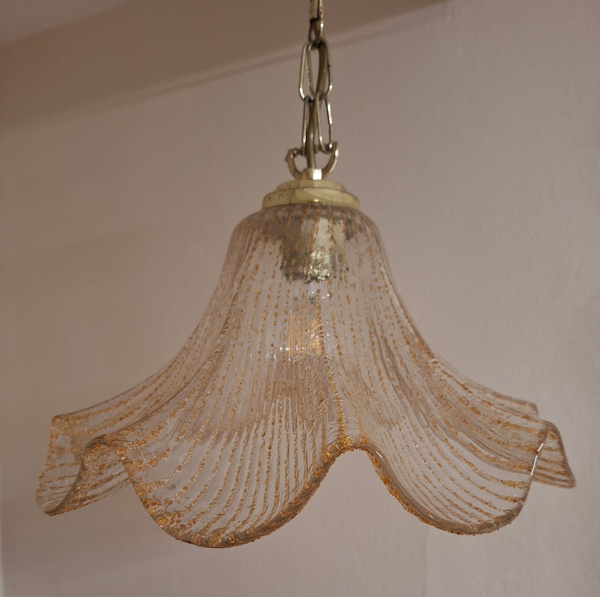 Vintage German Ceiling Lamp with Shade Made of Tinted, Lined Ice Glass ...