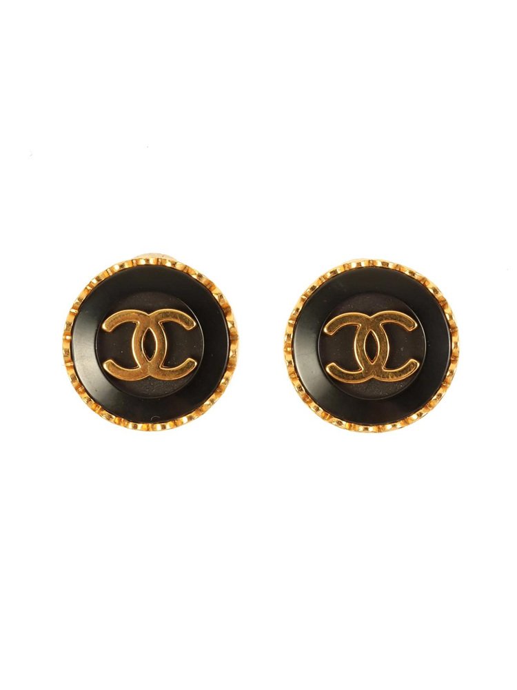 Black Round CC Mark Earrings from Chanel, 1996, Set of 2 for sale at Pamono