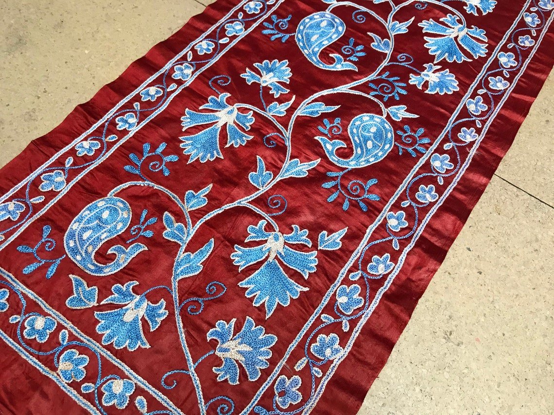 Handmade Pure Silk Table Runner with Blue Flowers, 1980s for sale at Pamono
