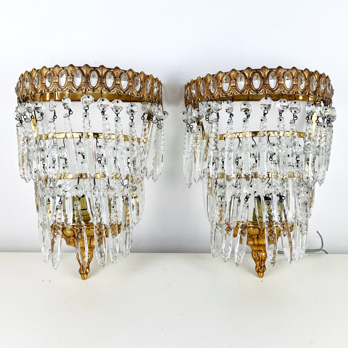 Vintage Brass and Crystal Wall Lights, 1930s, Set of 2 for sale at Pamono
