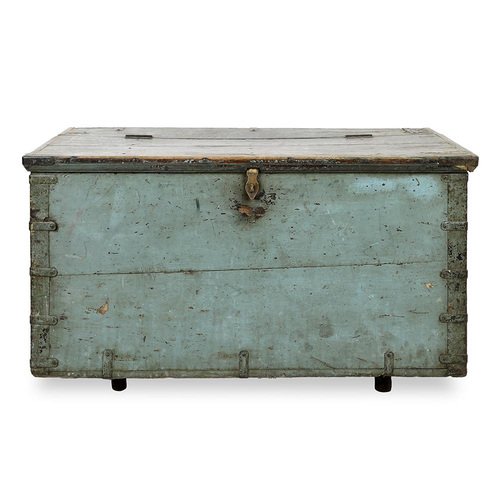 Wooden Storage Chest with Blue Patina for sale at Pamono