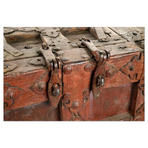 Large Wooden and Metal Chest with Red Patina for sale at Pamono
