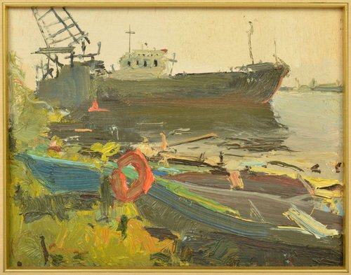 Ship Pier, 20th Century, Oil on Board for sale at Pamono