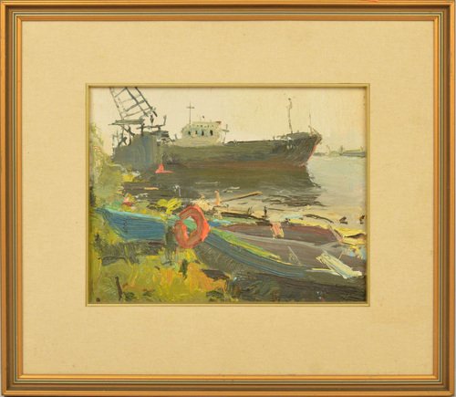 Ship Pier, 20th Century, Oil on Board for sale at Pamono