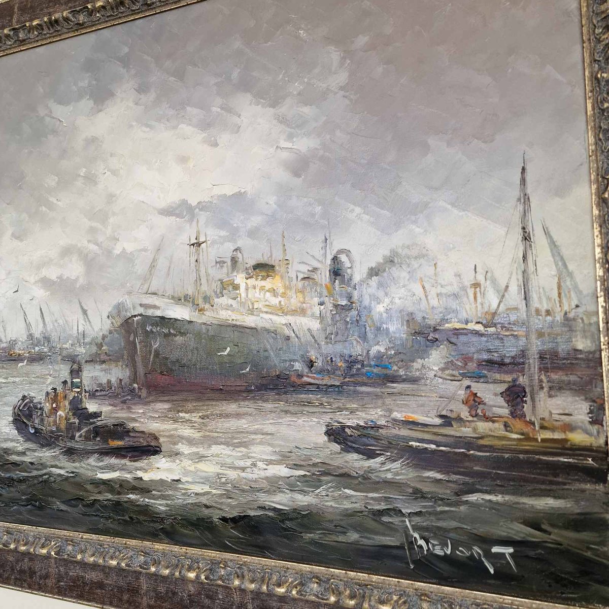Jan Bevort, View to Port Rotterdam, 20th Century, Oil on Canvas, Framed for sale at Pamono