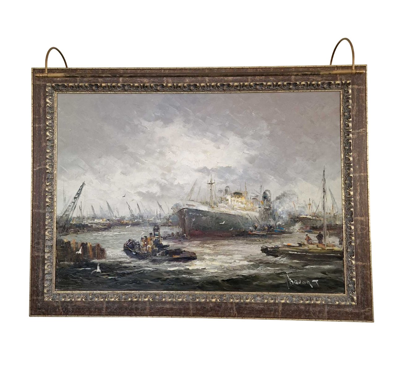 Jan Bevort, View to Port Rotterdam, 20th Century, Oil on Canvas, Framed for sale at Pamono
