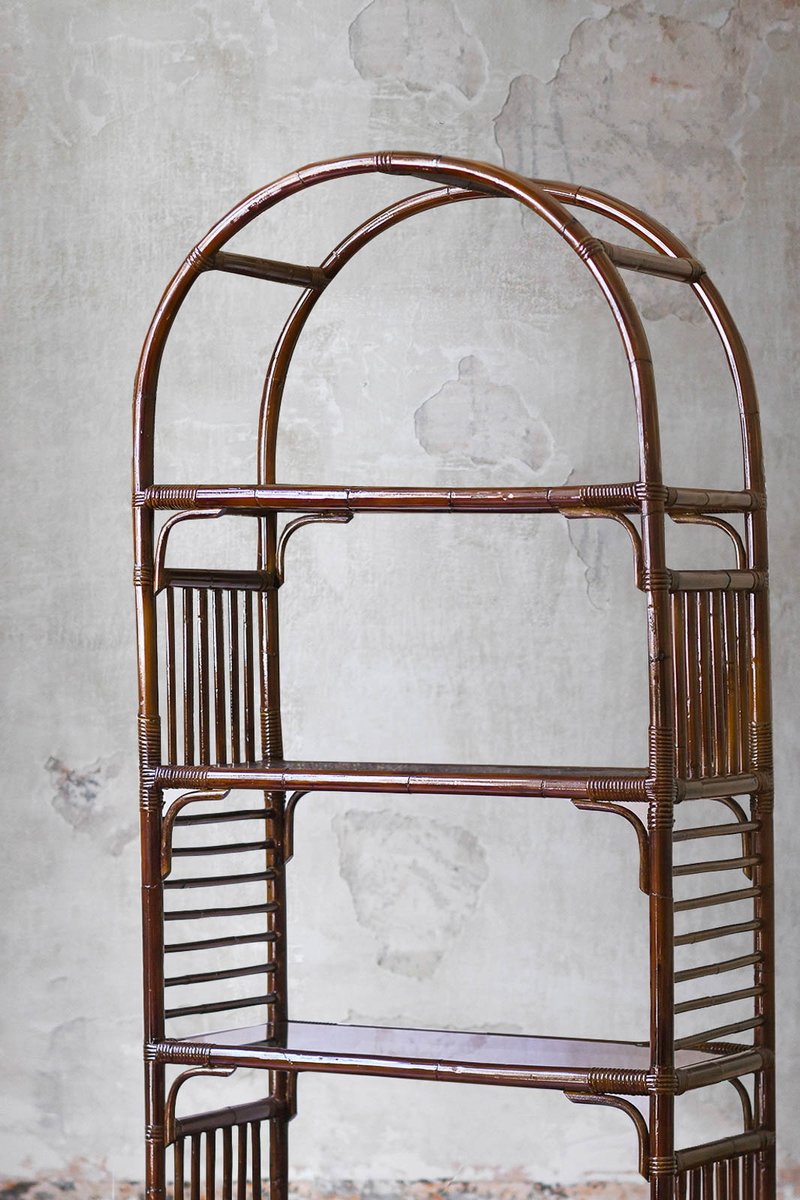 Large Arched Bookcase in Dark Rattan with Smoked Glass Shelves, 1980 ...