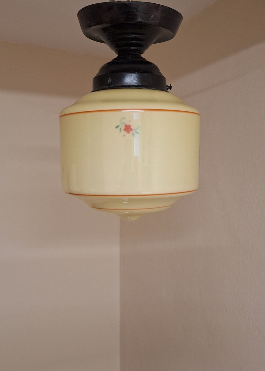 Art Deco German Ceiling Lamp with Cream-White Glass Shade with Colored ...