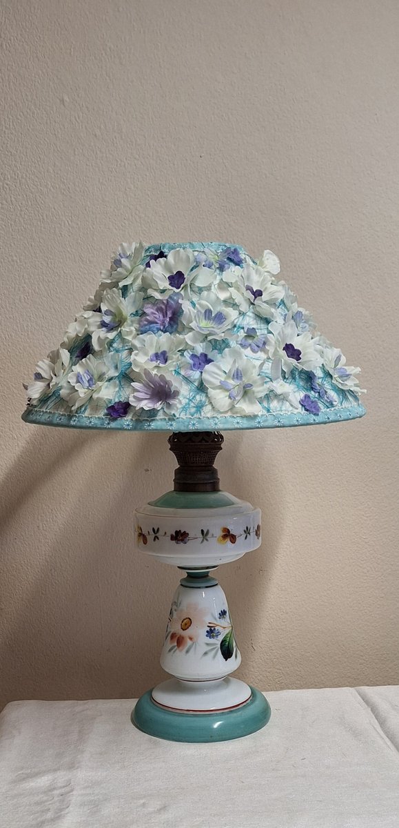German Table Lamp with Hand-Painted Glass Base with Handmade Fabric ...