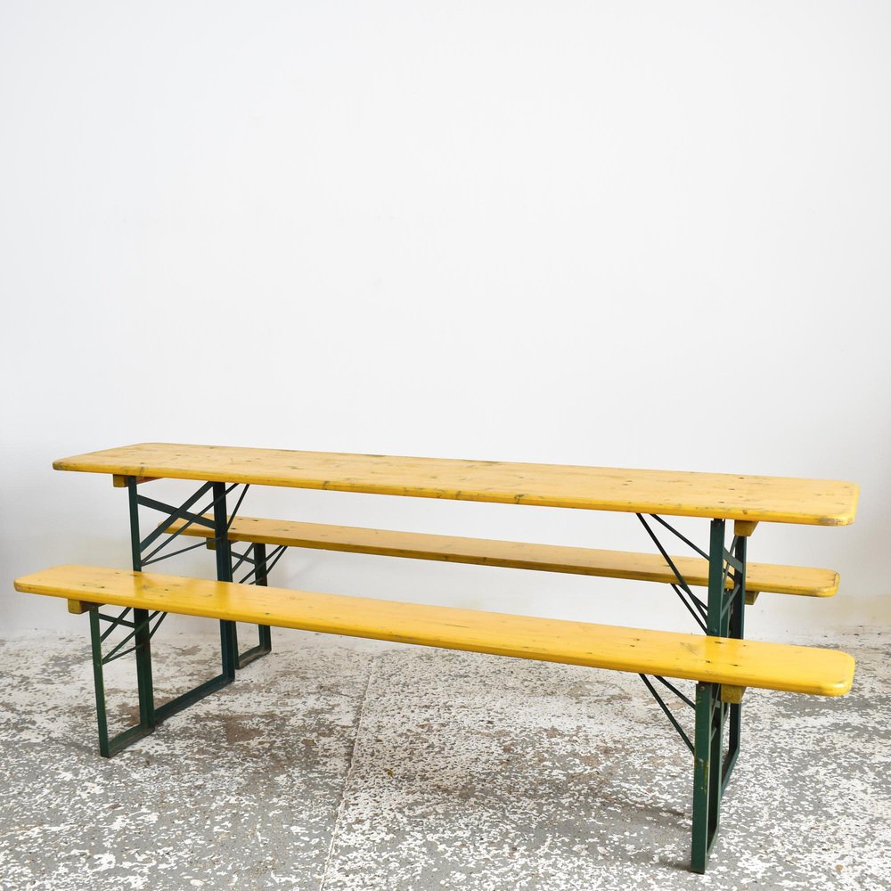 Vintage German Beer Hall Table and Benches, Set of 3 for sale at Pamono