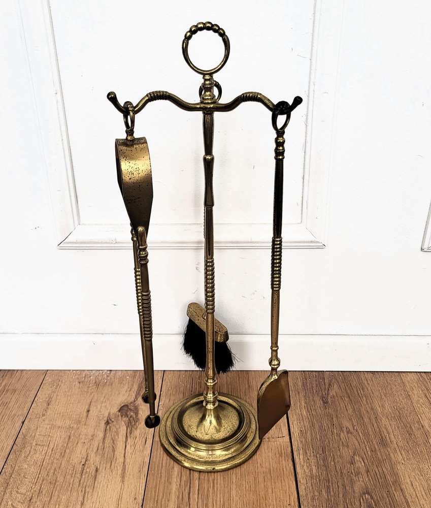 Vintage Italian Three-Pieces Brass Fireplace Fire Tool Set with Stand ...