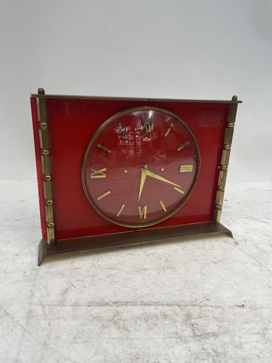 Brass and Red Glass Clock, 1940s for sale at Pamono