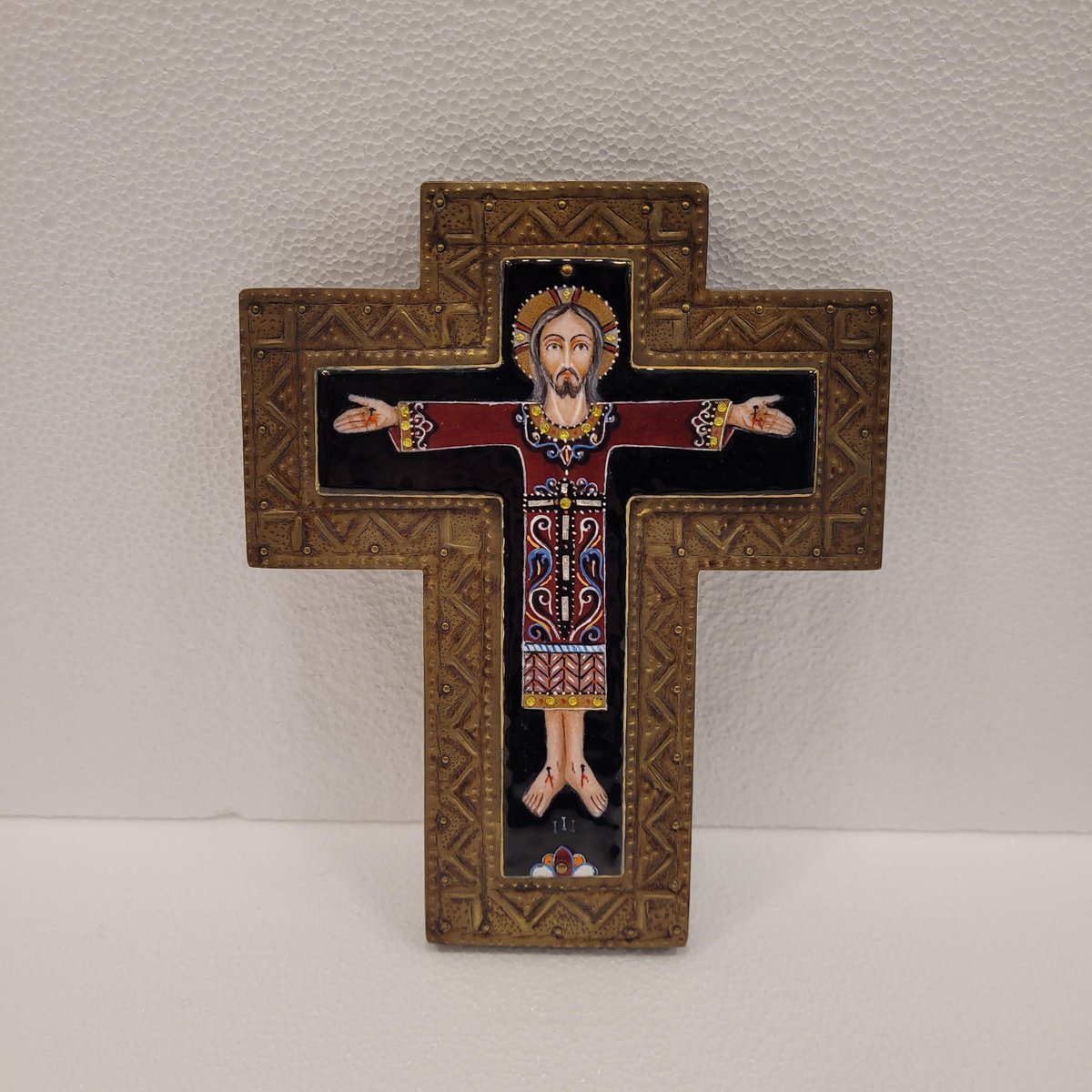 Fire-Enamelled Crucified Christ Icon in Brass and Wood Cross, 1980s for ...