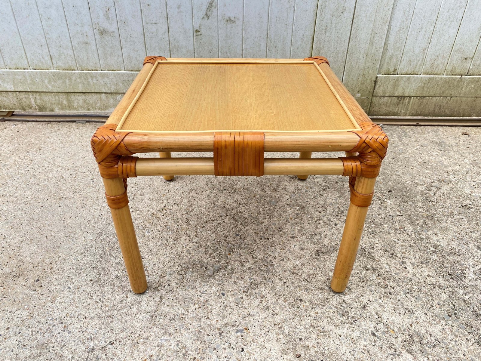 Rattan End Table with 1 Shelf in Vintage Oak Veneer from Maugrion ...