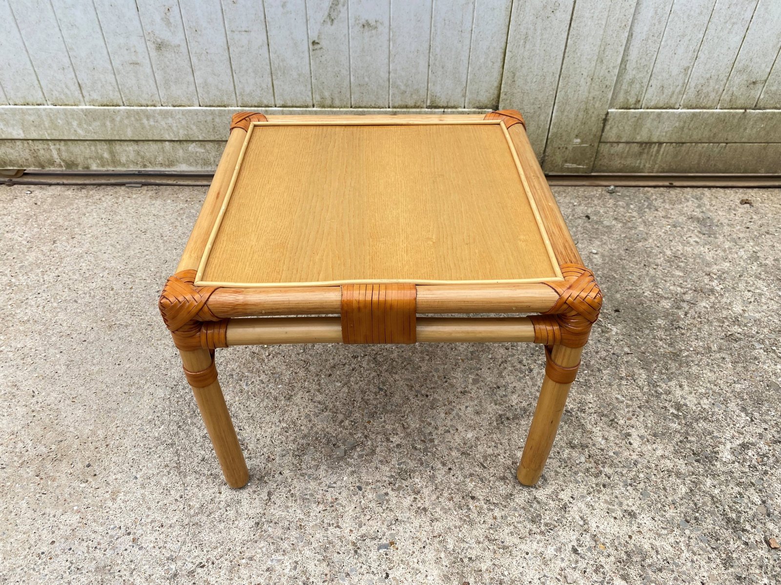 Rattan End Table with 1 Shelf in Vintage Oak Veneer from Maugrion ...