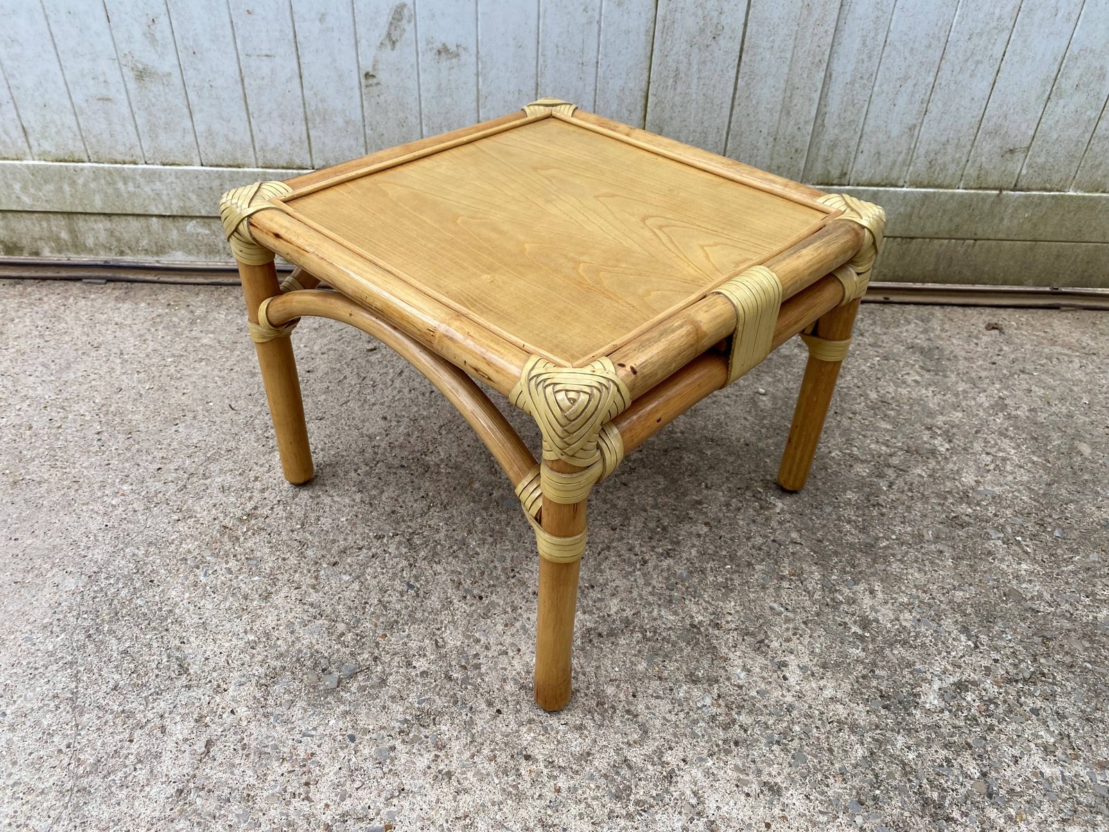 Rattan End Table with 1 Shelf in Vintage Oak Veneer from Maugrion ...