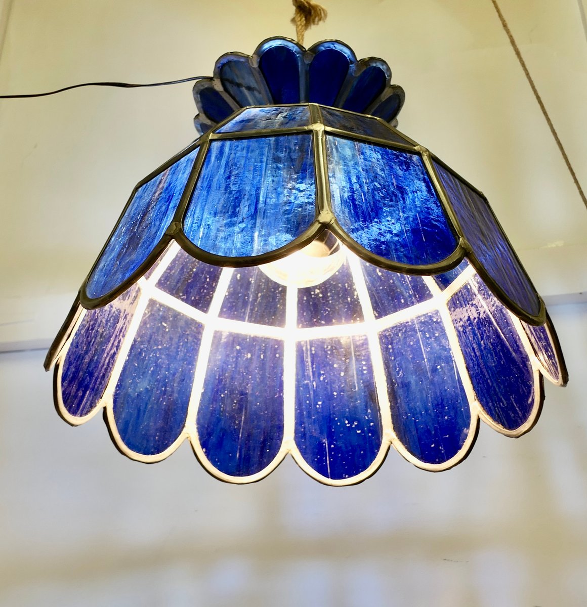 Large Arts and Crafts Cobalt Blue Leaded Glass Pendant Lamp, 1920s for ...