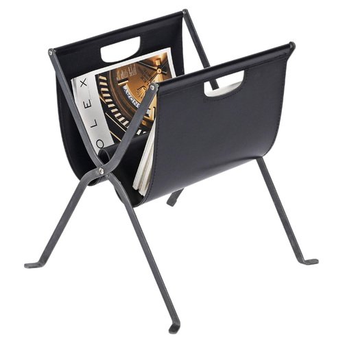 Italian Folding Magazine Rack in Black Leather and Iron, Italy, 1970s ...