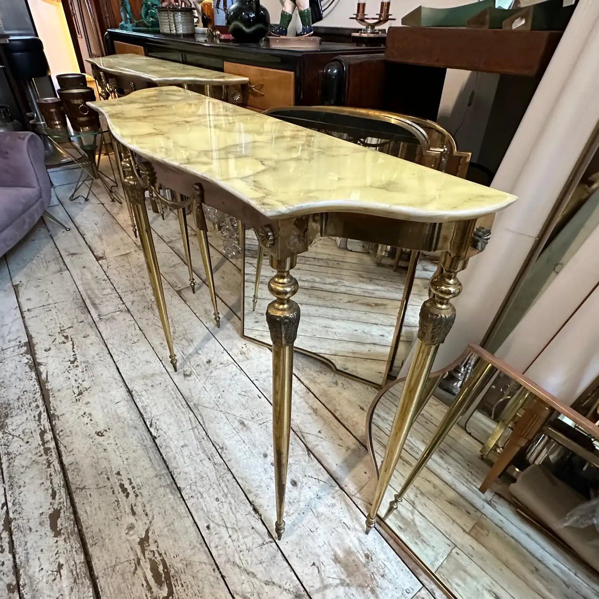 Italian Neoclassical Brass and Onyx Marble Console Tables, 1950s, Set ...