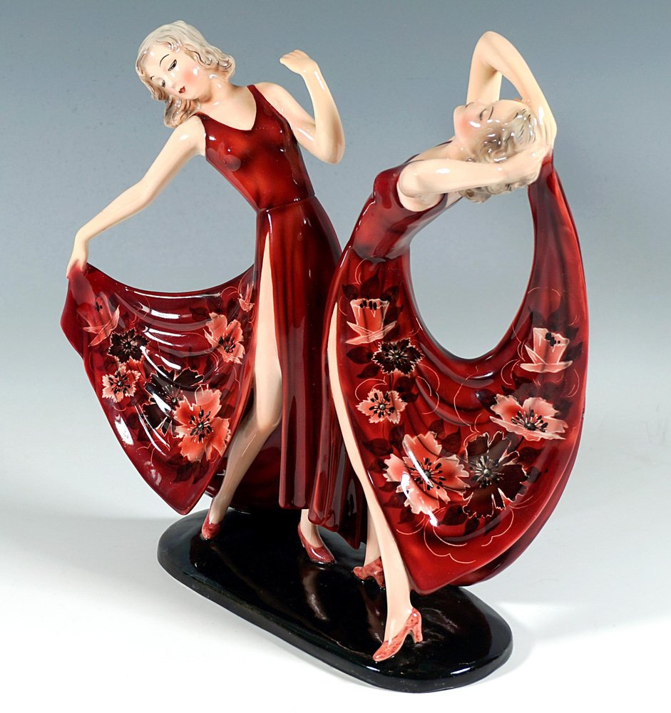 Art Déco Twin Dancers Dolly Sisters attributed to Stephan Dakon for Goldscheider, 1939 for sale ...