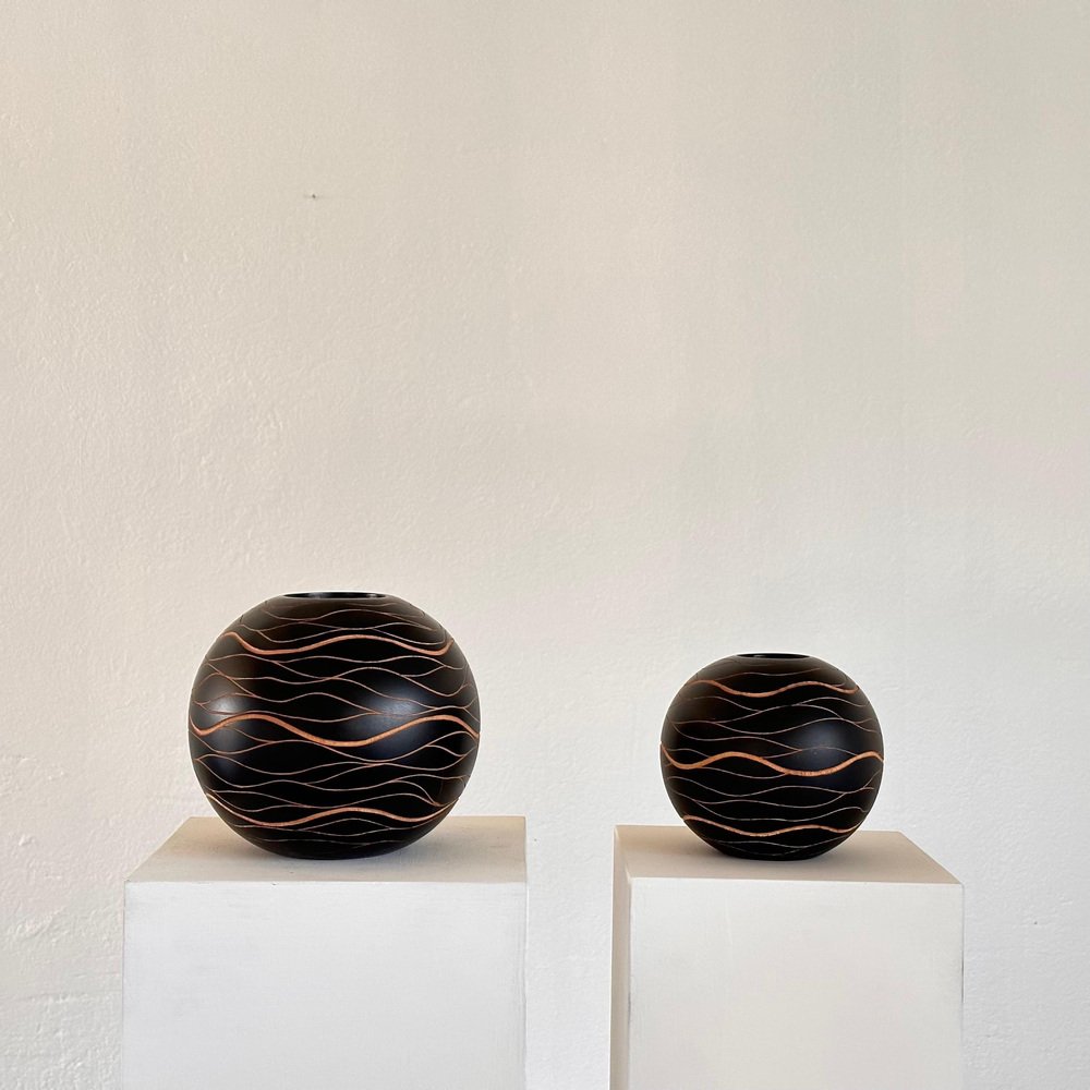 Italian Hand-Crafted Wooden Sphere Vases with Wavy Line Ornamentation ...