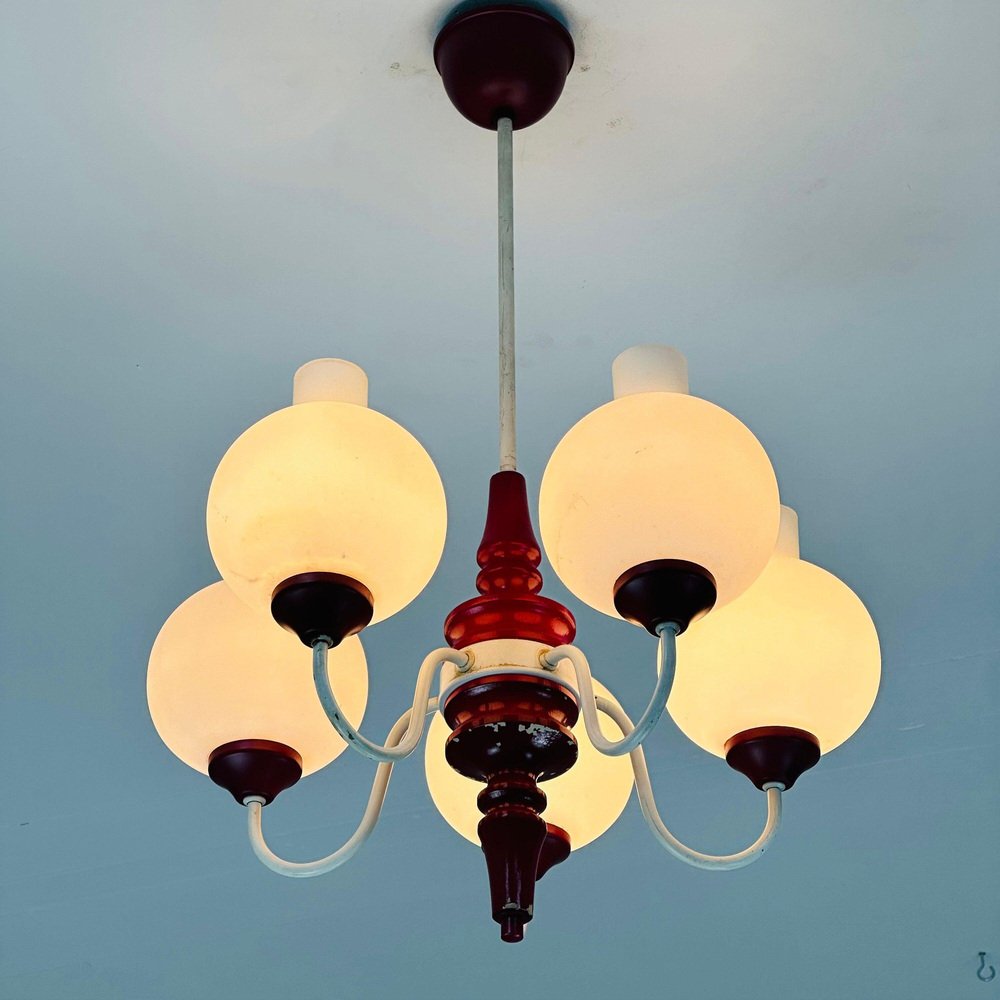Mid-Century German 5 Opal Glass and Bordeaux Body Chandelier from Kaiser Leuchten, 1960s for ...