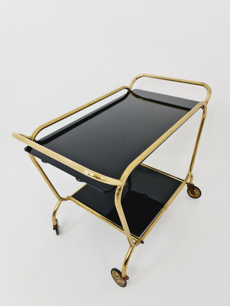German Trolley in Brass & Black Glass, 1970s for sale at Pamono
