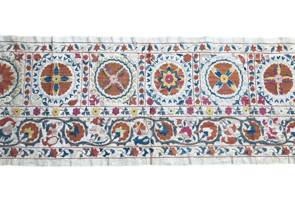 Handmade Floral Silk Embroidered Table Runner, 1980s for sale at Pamono