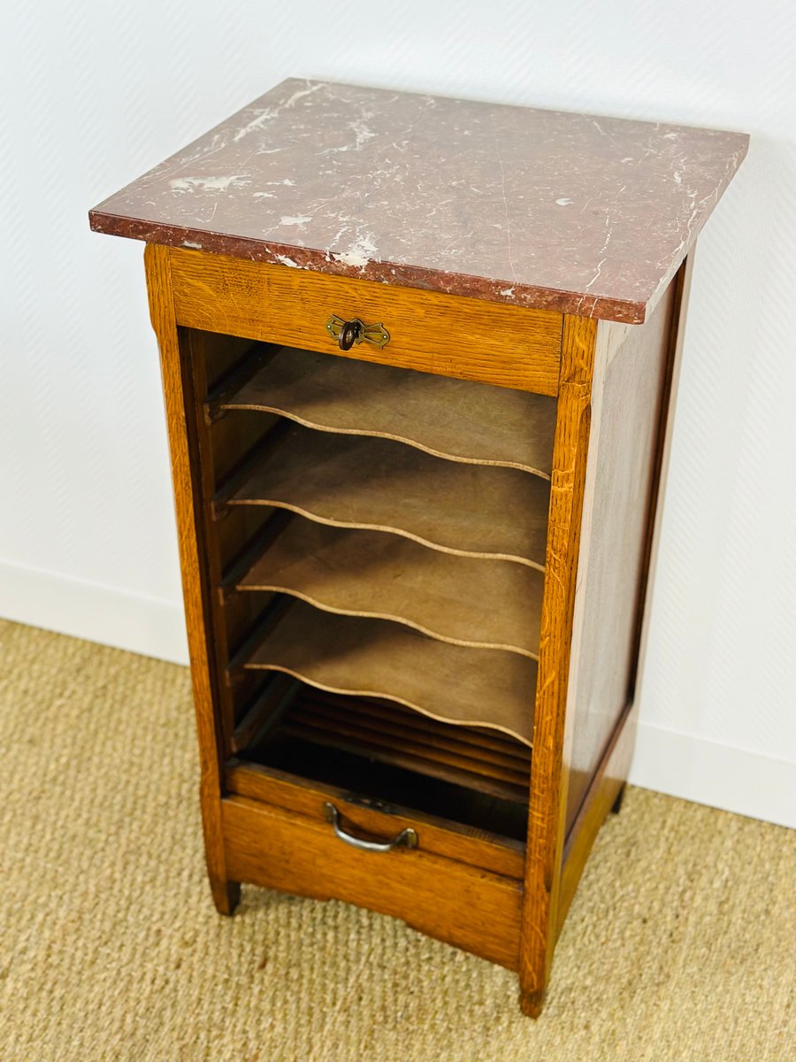 Vintage Oak Filing Cabinet with Marble Top, 1940s for sale at Pamono