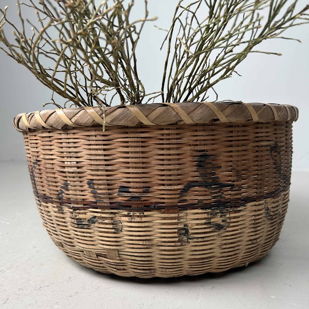 Japanese Woven Bamboo Basket with Calligraphy, 1950s for sale at Pamono
