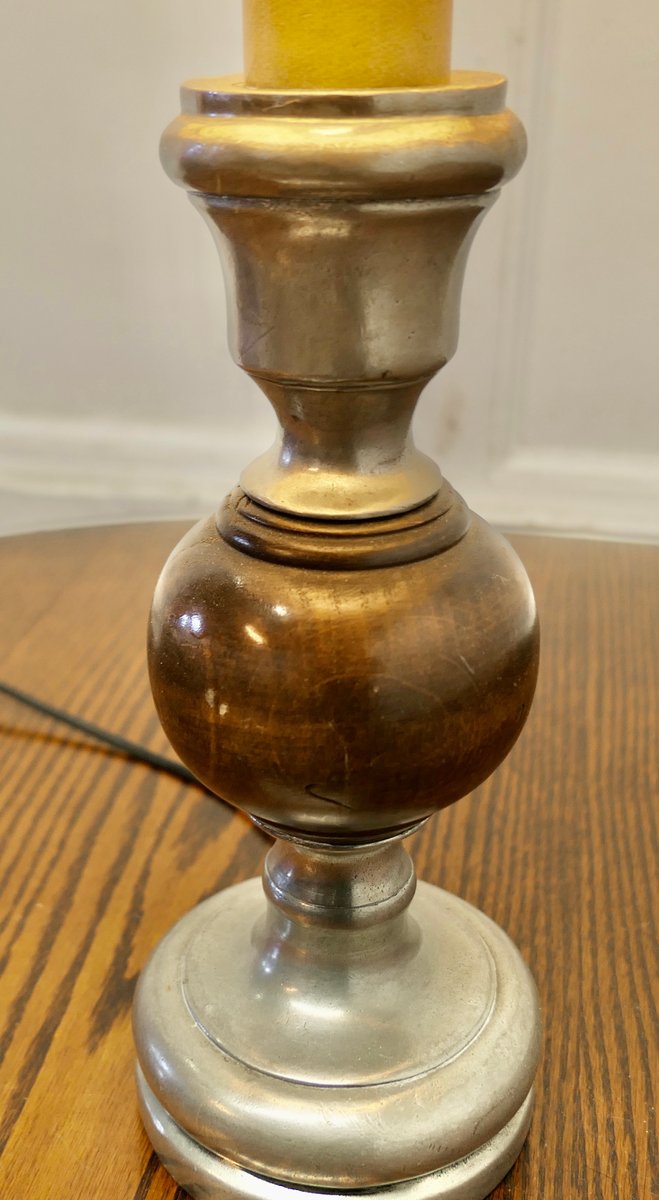 Pewter and Turned Wooden Table Lamp with Hand Painted Shade, 1930s for ...